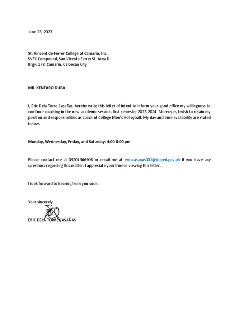 Letter of Intent For SVFC Casanas - Eric | PDF