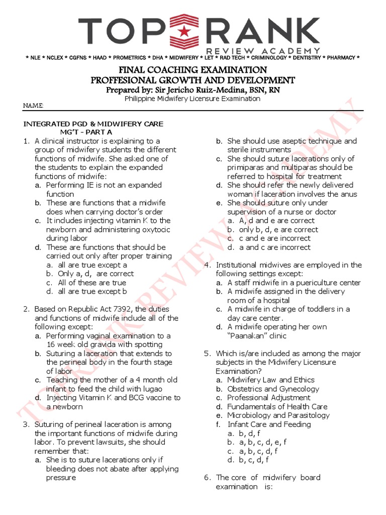 FINAL COACHING PART AND B -STUDENT COPY | PDF | Midwife | Midwifery