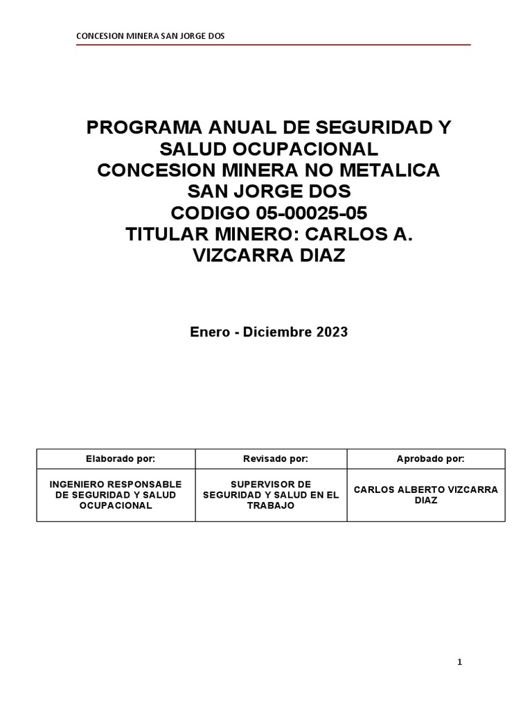 Plan Anual de Seguridad y Salud en El Trabajo SAN JORGE DOS | PDF ...
