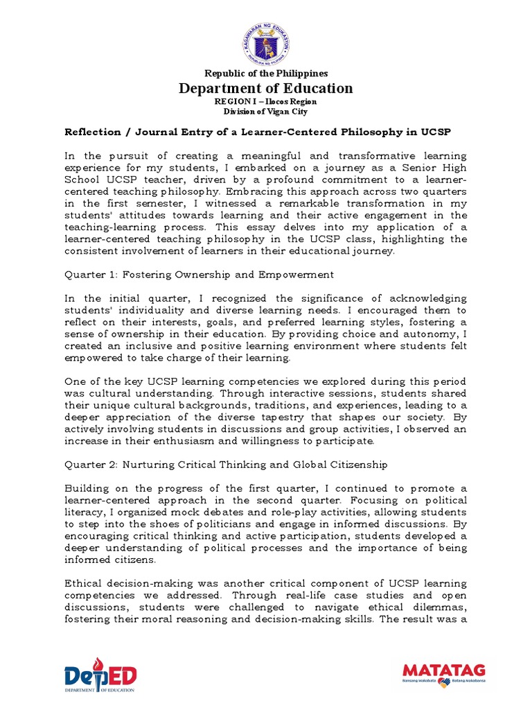 UCSP Learner-Centered Teaching Reflection | PDF | Learning | Cognitive ...