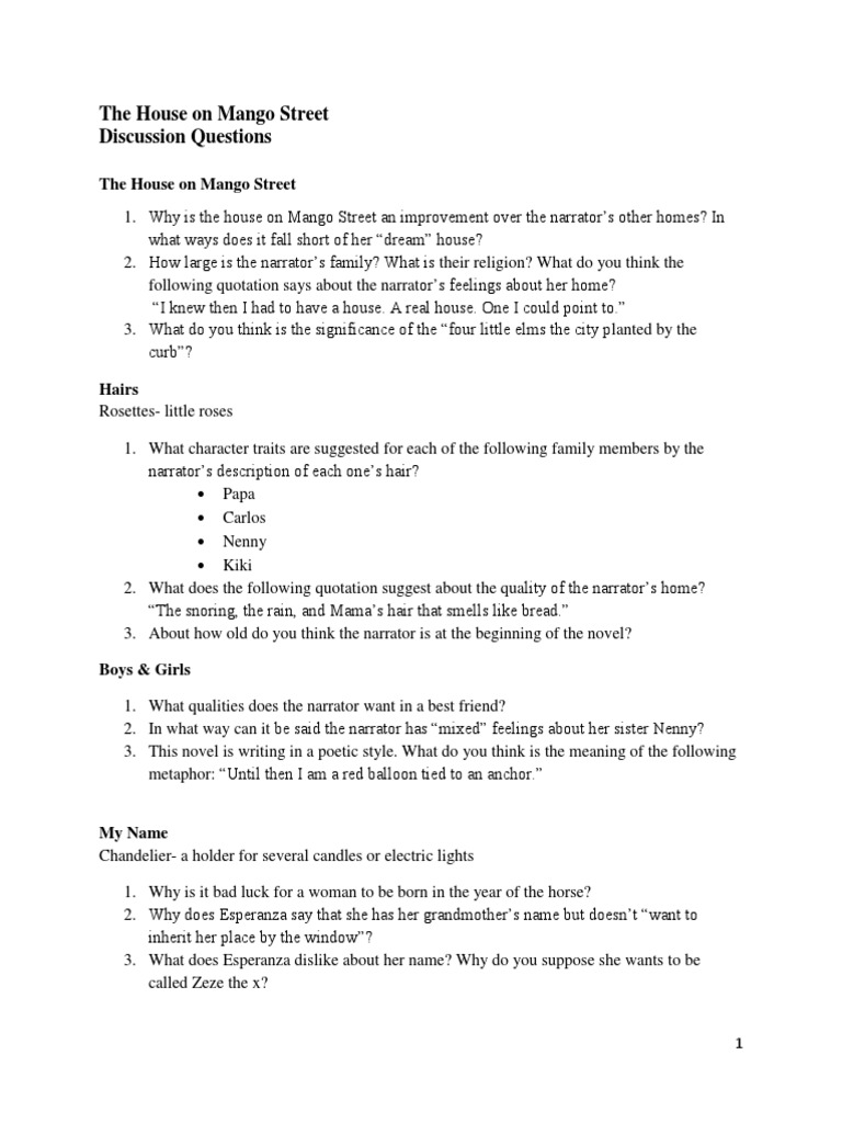 House On Mango Street Study Questions | PDF | Language Arts ...