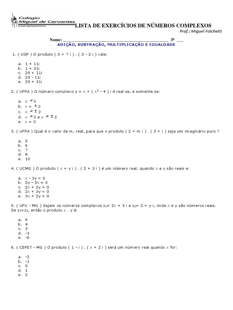 Lista de NÚMEROS COMPLEXOS | PDF | Número complexo | Aritmética
