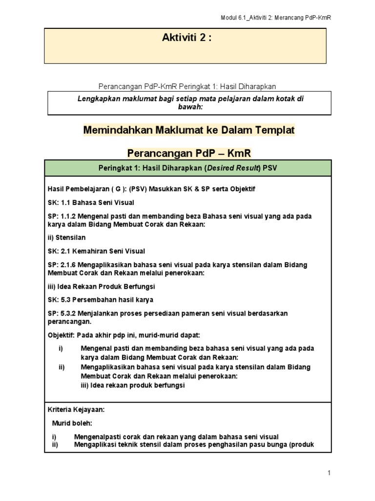 Toolkit 6.1 - Aktiviti 2 Perancangan PDP KMR (PSV) | PDF
