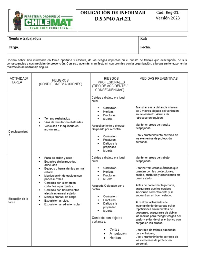 Obligación de Informar Riesgos Laborales | PDF