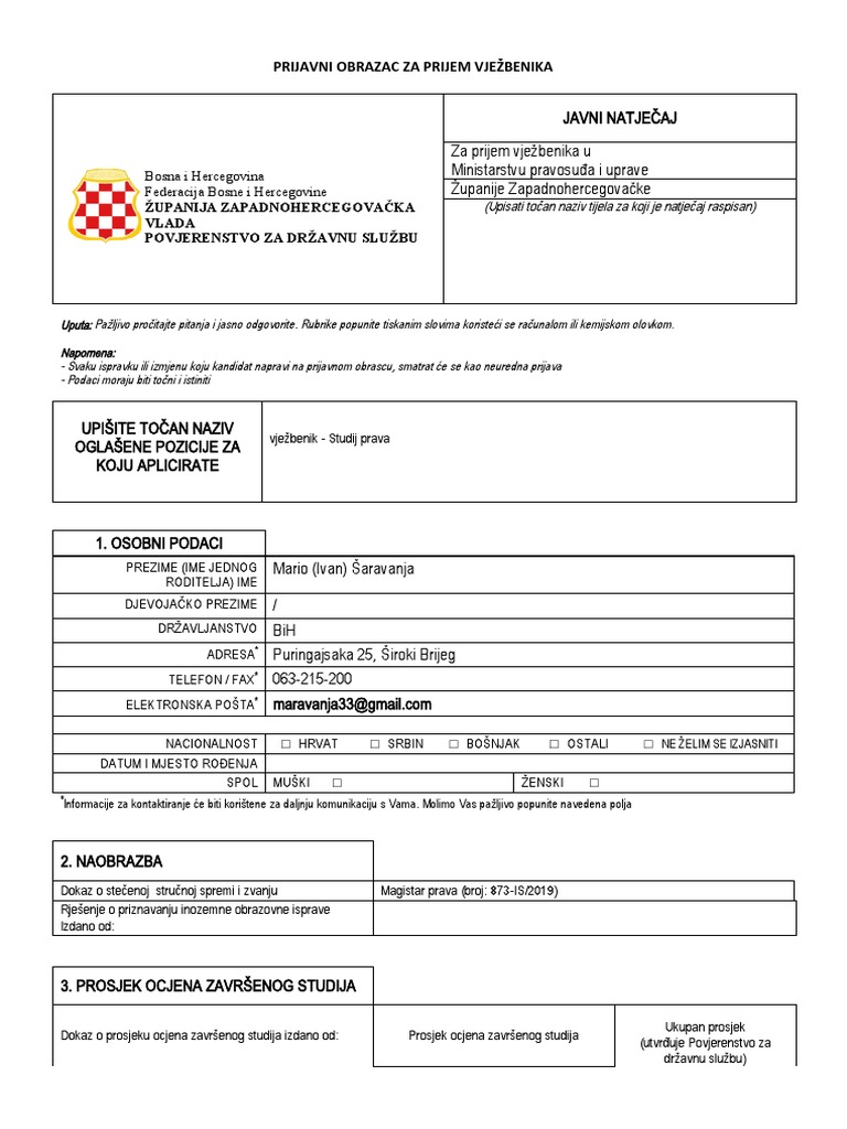 Obrazac Prijave Za Vjezbenika2021 | PDF