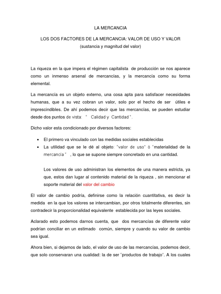 La Mercancia Carlos Marx Pdf Valor De Cambio Cantidad