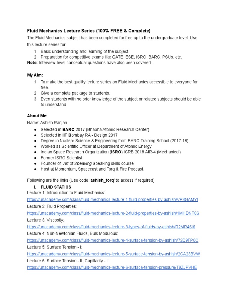 Fluid Mechanics Lecture Series 100 Free Complete By Ashish Ranjan