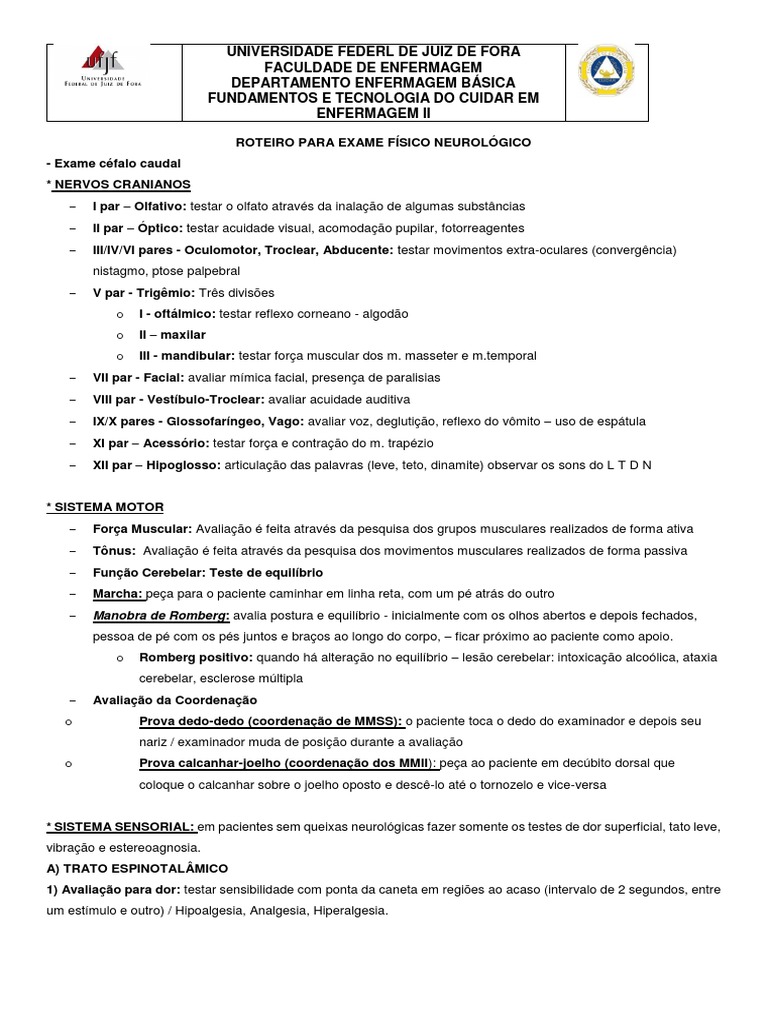 Roteiro Exame Neurológico | PDF | Dor | Sistema visual
