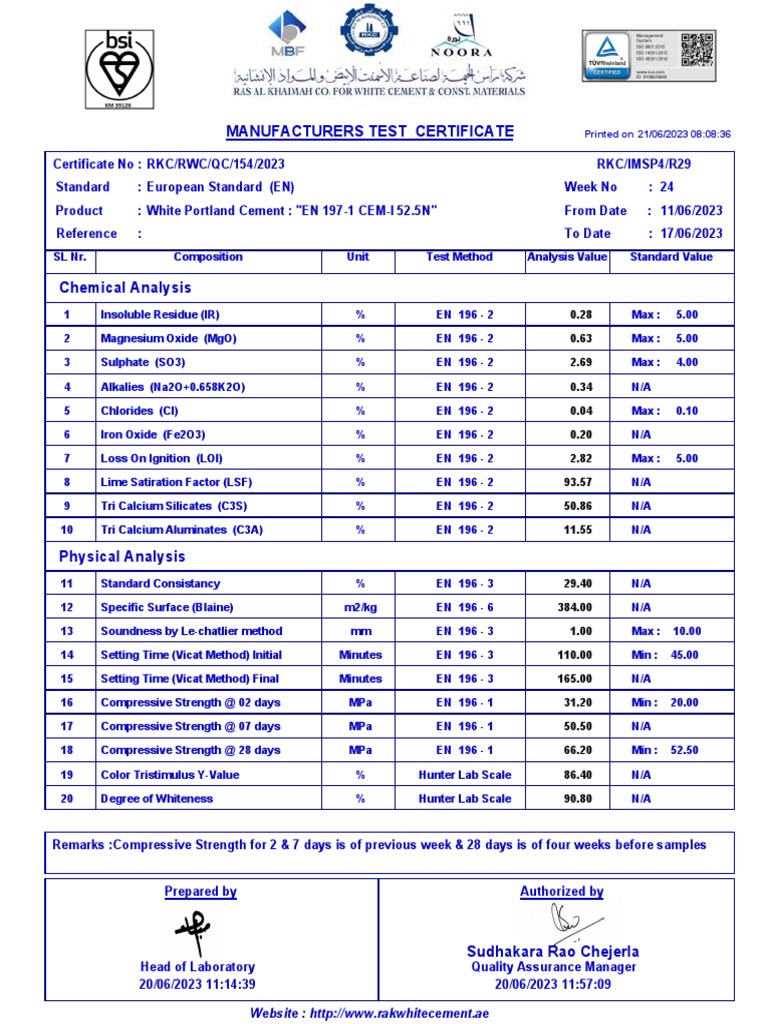 Manufacturers Test Certificate: Printed On 21/06/2023 08:08:36 | PDF ...