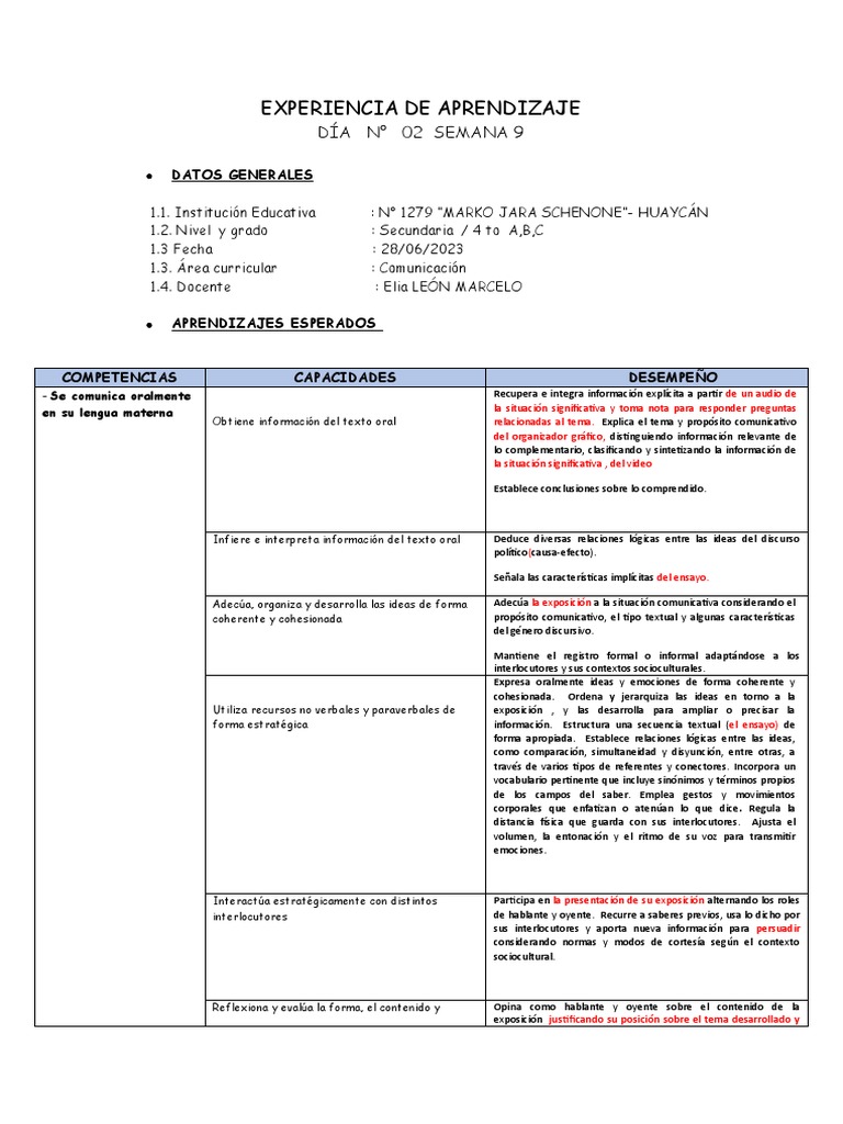 Experiencia De Aprendizaje 4to Pdf Aprendizaje Ensayos