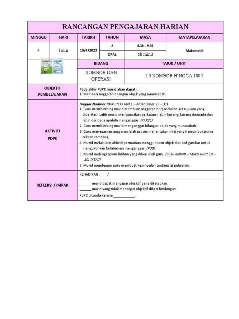 RPH Tahun 2 Minggu 4 | PDF