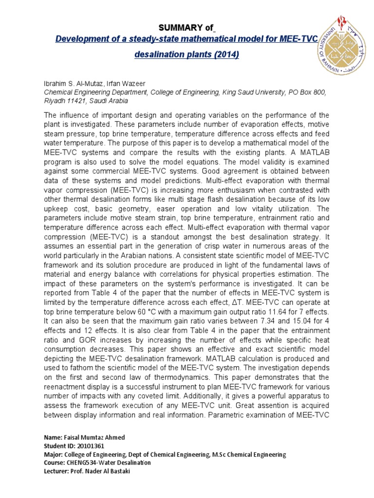 Summary of Development of A Steady-State Mathematical Model For MEE-TVC | PDF | Desalination ...
