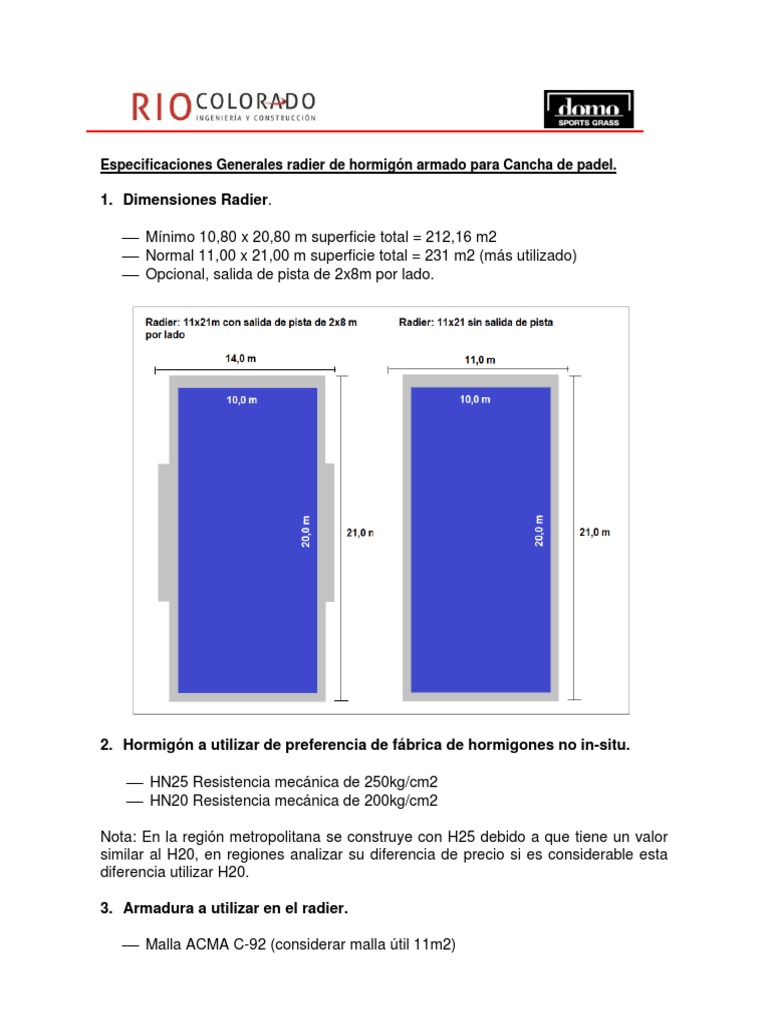 Especificaciones Generales radier de hormigón armado para Cancha de ...