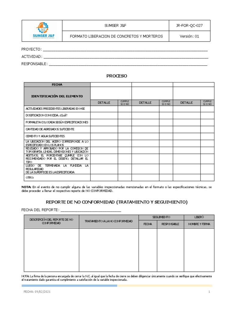 Ft-Proy-027 Formato Liberacion de Concretos y Morteros | PDF
