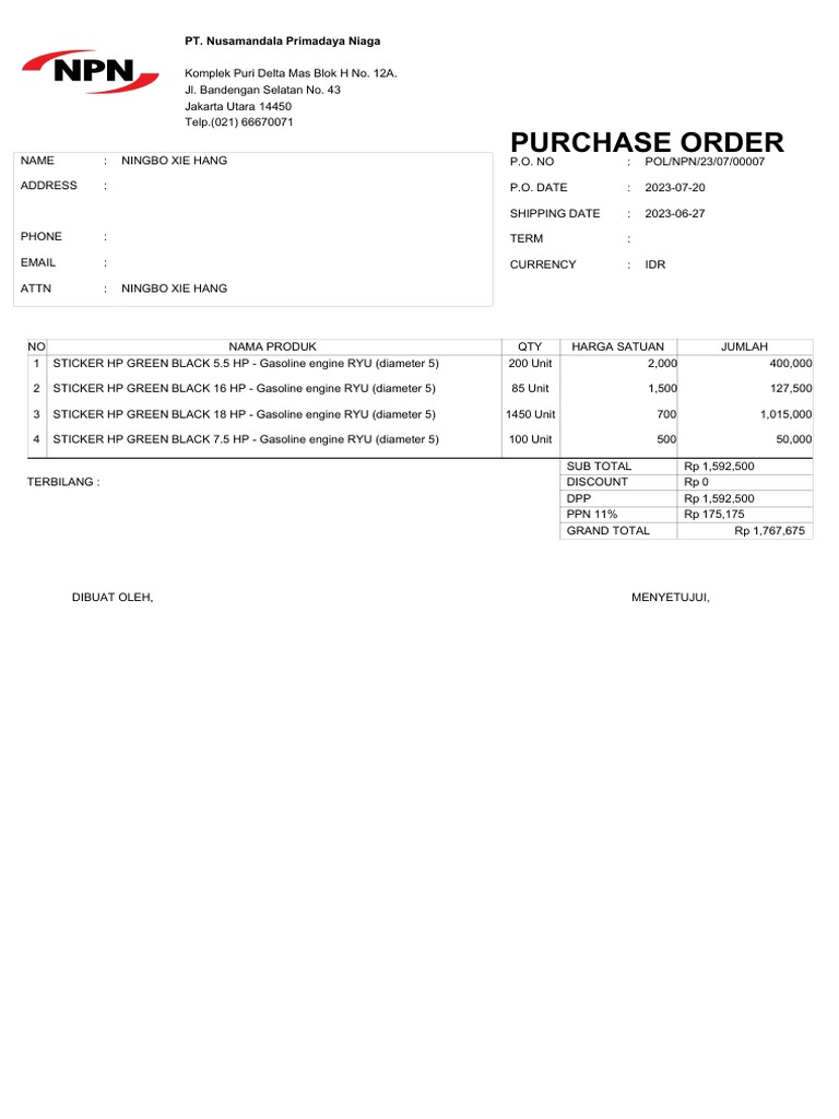 Purchase Order - NINGBO XIE HANG - POL_NPN_23_07_00007 (5) | PDF