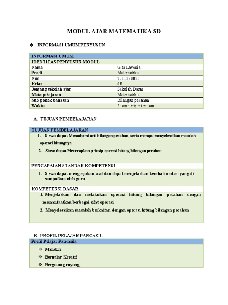 MODUL AJAR MATEMATIKA SD 1. Gita | PDF