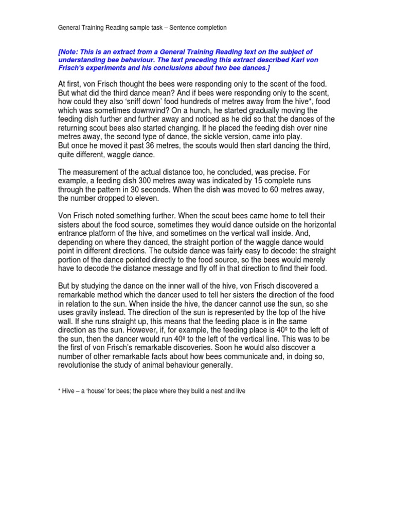 General Training Reading Sample Task - Sentence Completion | PDF | Bees | Cognitive Science