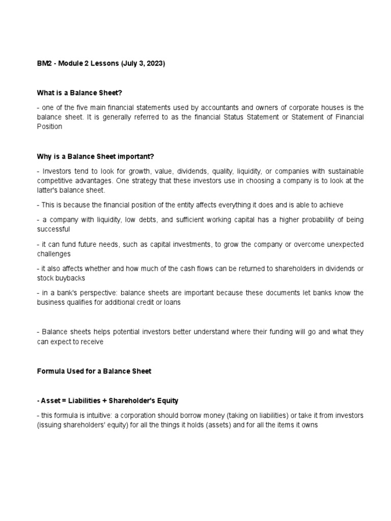 BM2 - Module 2 Lessons (July 3, 2023) | PDF | Balance Sheet | Equity ...