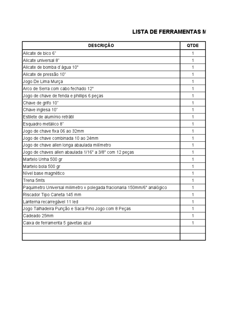 Lista de Ferramentas Mecânico | Download grátis PDF | Metalurgia | Bens manufaturados