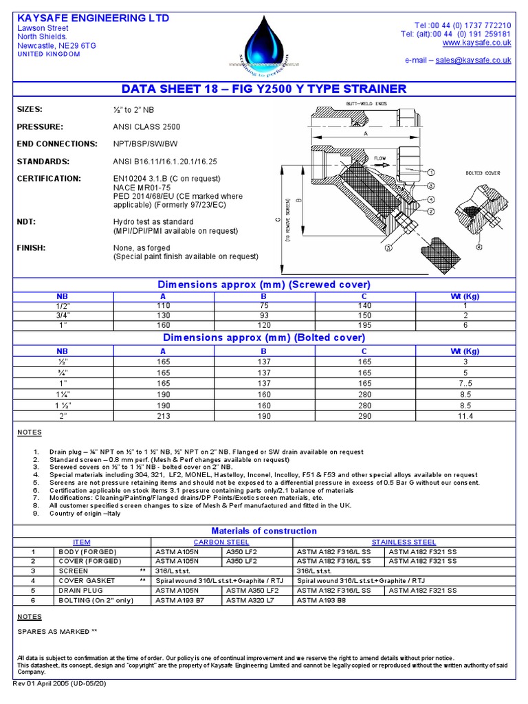 Kaysafe Engineering - DATA SHEET 18 - FIG Y2500 Y TYPE STRAINER | PDF | Metals | Building ...
