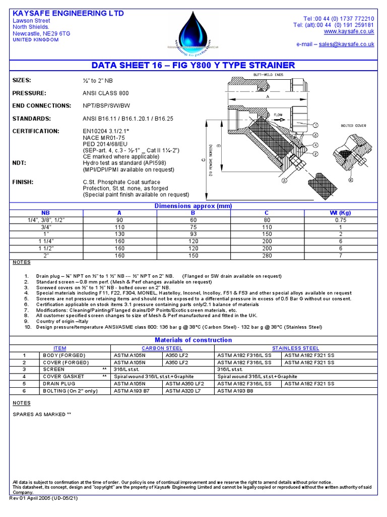 Kaysafe Engineering - DATA SHEET 16 - FIG Y800 Y TYPE STRAINER | PDF ...