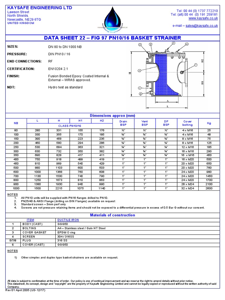 Kaysafe Engineering - DATA SHEET 22 - FIG 97 PN10-16 BASKET STRAINER ...