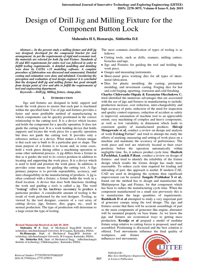 Design of Drill Jig and Milling Fixture For The Component Button Lock ...