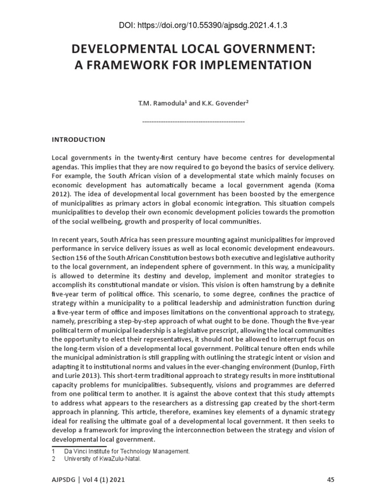 Developmental Local Government - Framework of Implemantation | PDF ...