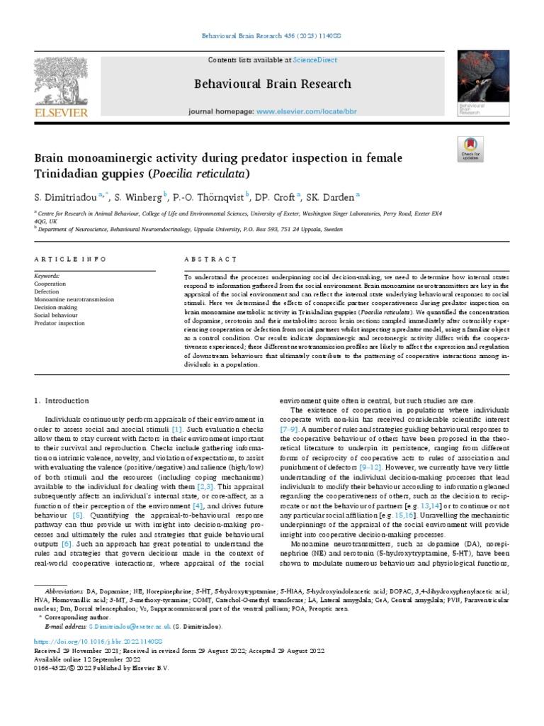 Brain Monoaminergic Activity During Predator Inspection I - 2023 - Behavioural B | Download Free ...