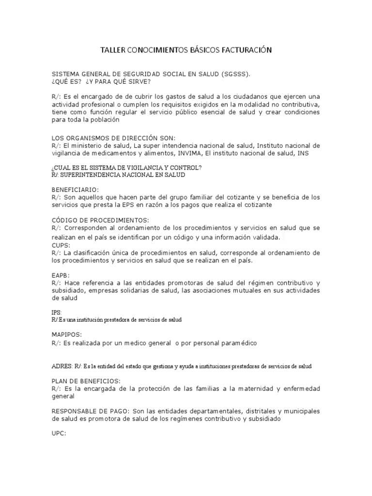Taller Conocimientos Basicos Facturacion 1 1 | PDF | Servicios públicos | Cuidado de la salud
