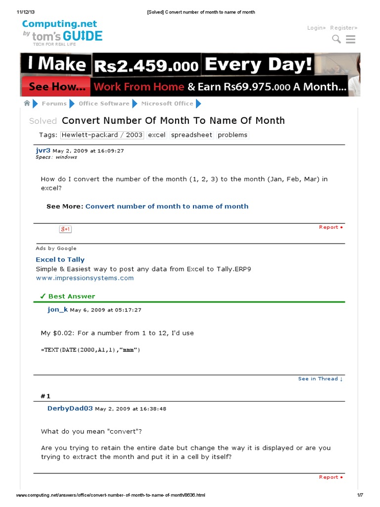 EXCEL-Convert Number of Month To Name of Month | PDF | Microsoft Excel ...