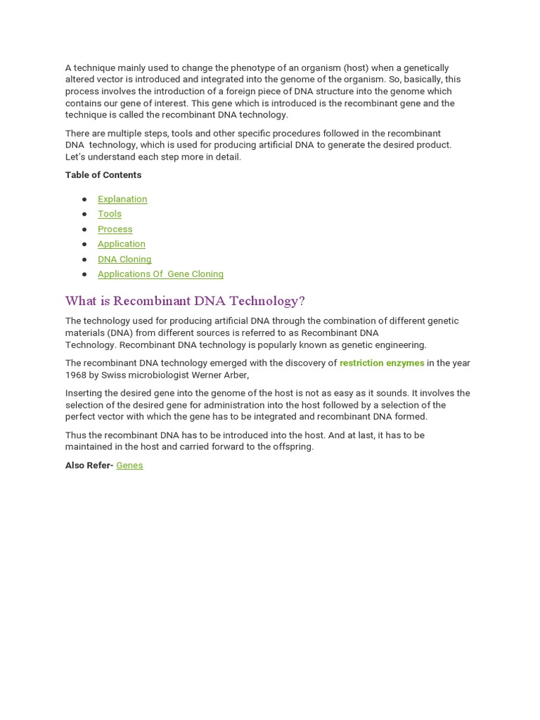 Overview of Recombinant DNA Technology | PDF | Molecular Cloning ...