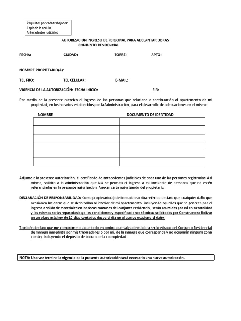Autorización Ingreso de Contratistas | PDF | Condominio