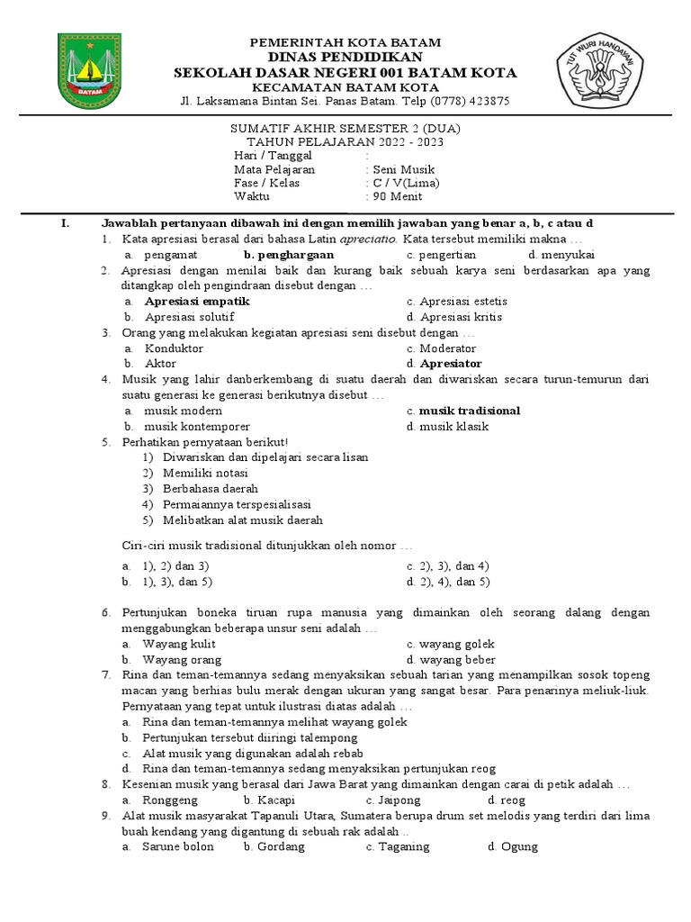 Soal Seni Musik Kelas 5 Semester 2 TP 2022-2023 | PDF