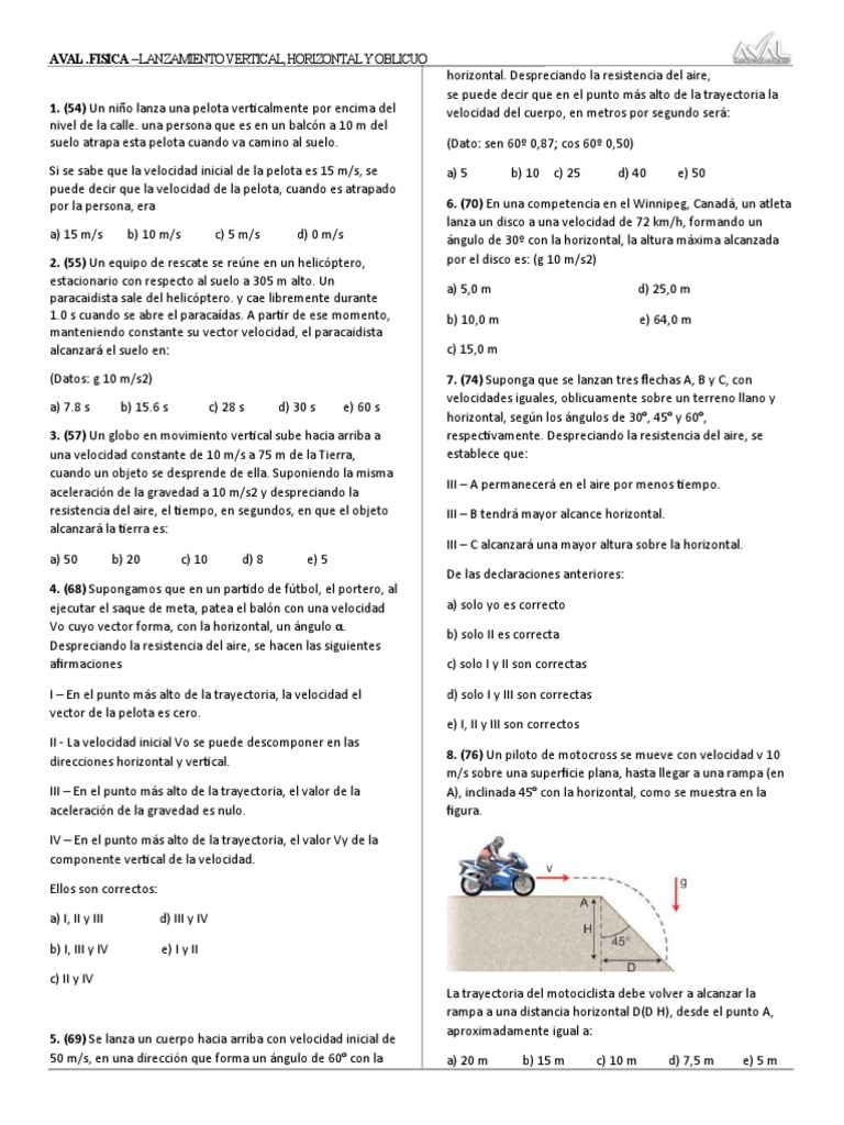 Tiro Vertical Horizontal y Oblicuo Ejercicios Bonjorno | PDF | Velocidad | Aceleración
