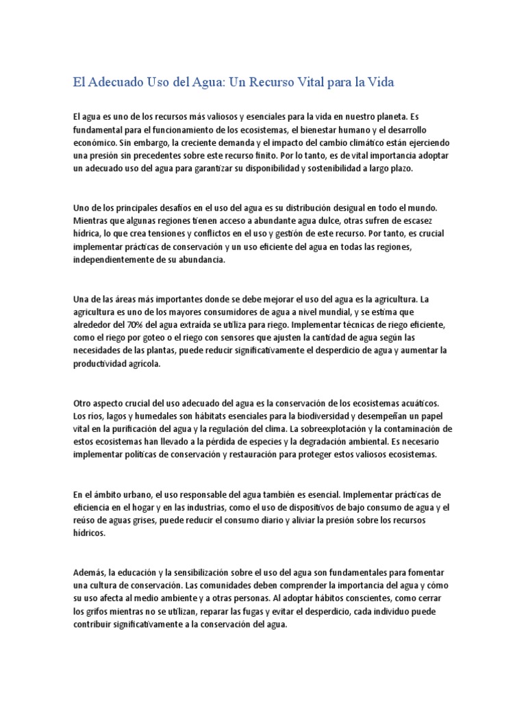 El Adecuado Uso del Agua Un Recurso Vital para la Vida | PDF | Agua | Riego