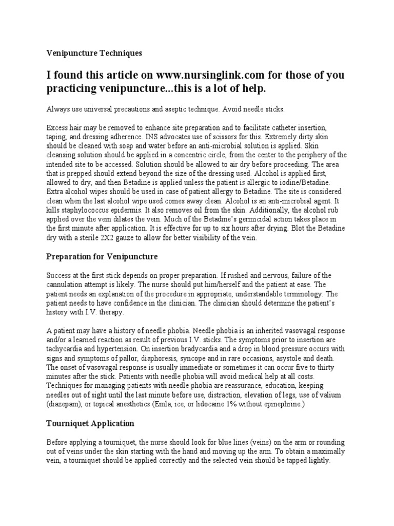 Venipuncture Technique | PDF | Intravenous Therapy | Thrombus
