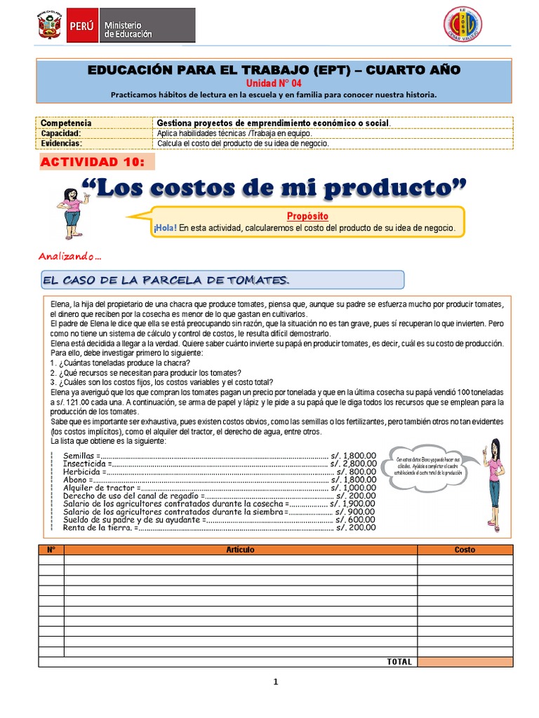 Sem 14 Ficha EPT-10 Costos de Mi Producto - 4TO 26-06-2023 | PDF ...