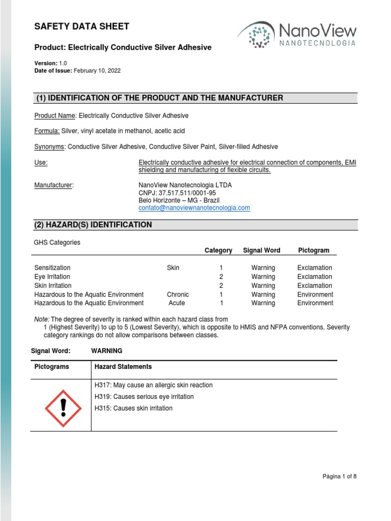 SafetyDatasheet Electrically Conductive Silver Adhesive | PDF ...
