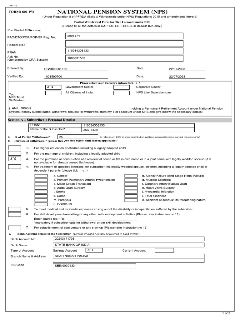 NPS Partial Withdrawal Form Instructions | PDF | Medical Specialties