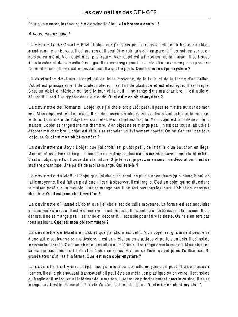 Devinettes Ce1 Ce2 | PDF