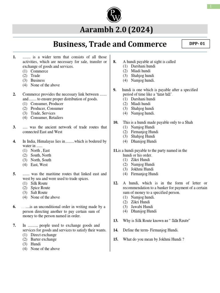 Business Trade & Commerce - DPP 01 (Of Lecture 02) - (Aarambh 2.0 2024) | PDF | Negotiable ...