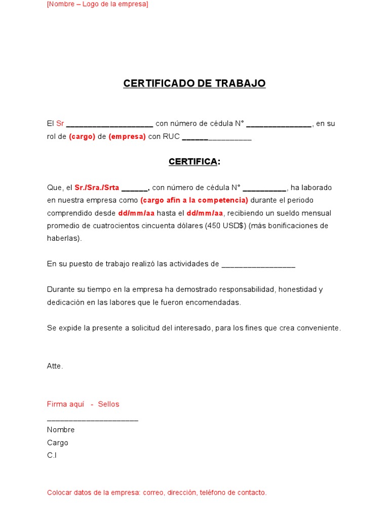 Modelo de Certificado Laboral - Ejemplo | PDF