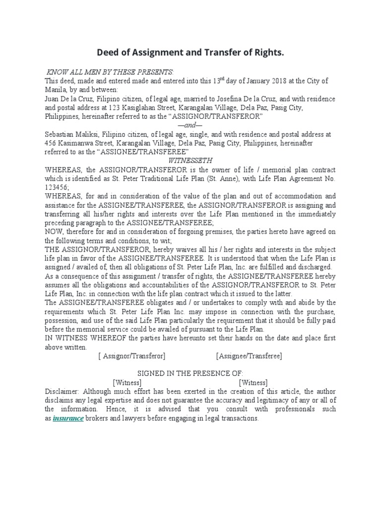Deed of Assignment for Life Plan Rights | PDF | Assignment (Law) | Law ...