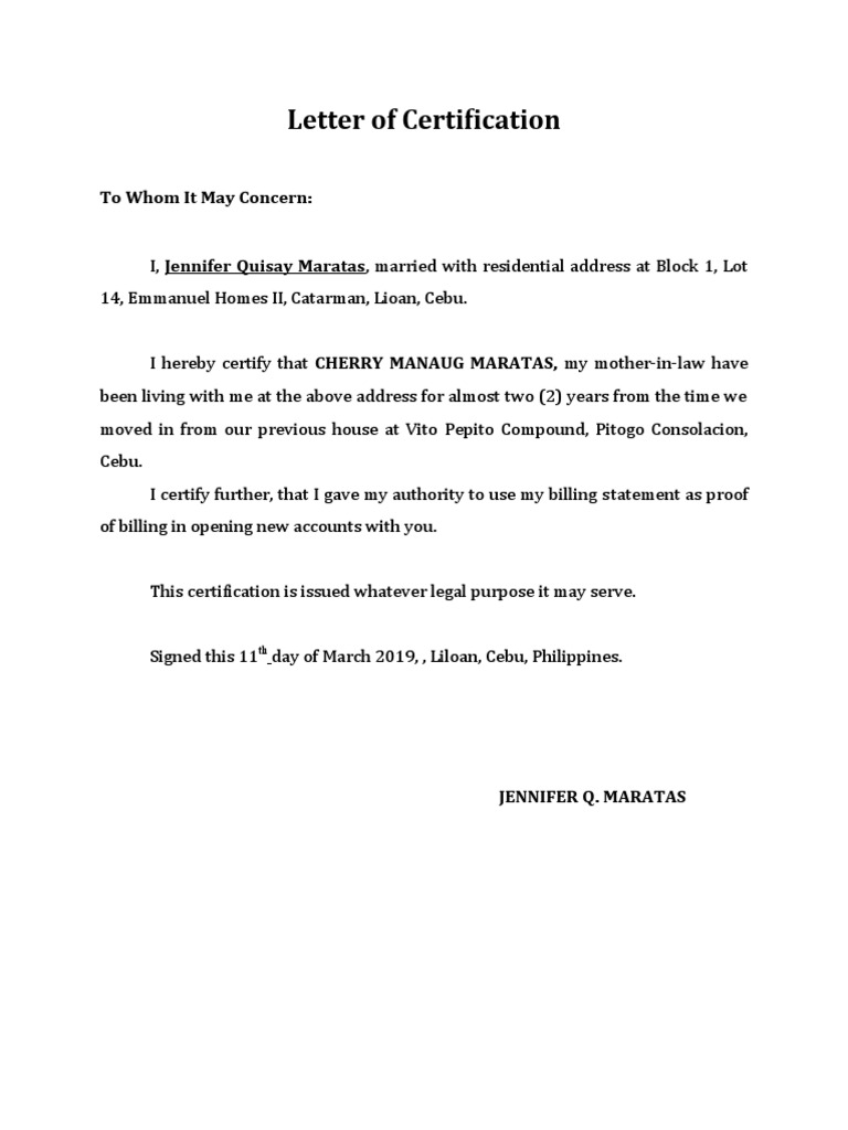 Letter of Certification Proof of Billing1 | PDF