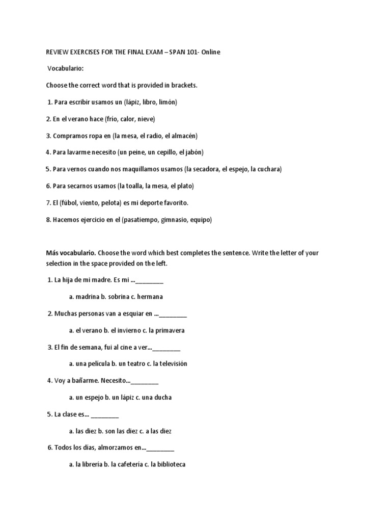 Ejercicios de repaso para el examen final | PDF | Artes del Lenguaje y ...