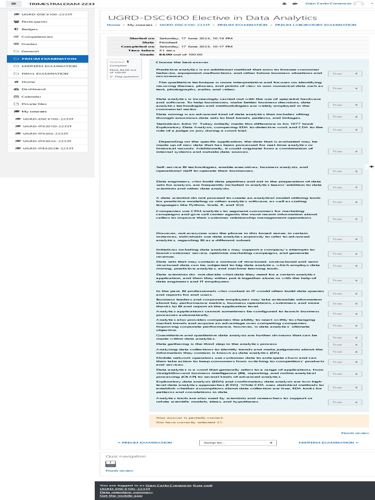 Elective Data and Analytics Prelmin LAB Examination | PDF | Analytics | Data Analysis