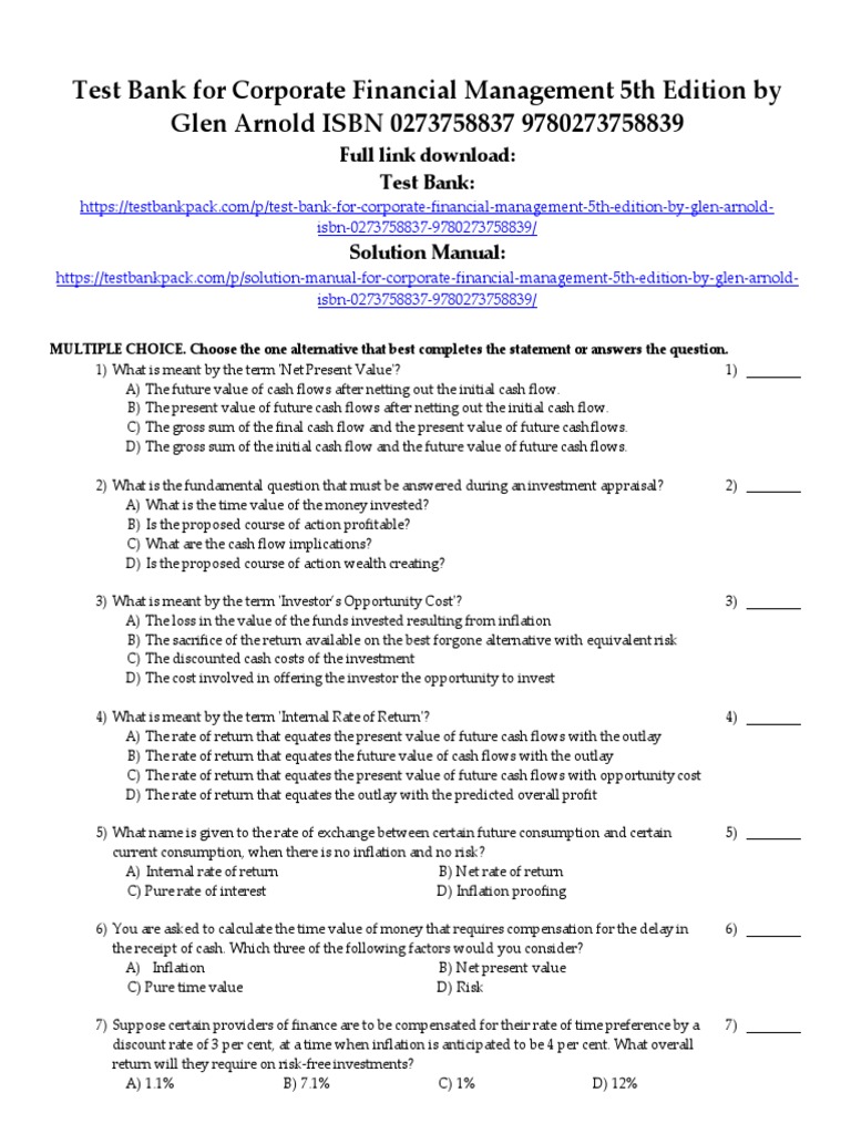 Corporate Financial Management 5th Edition by Glen Arnold ISBN Test ...