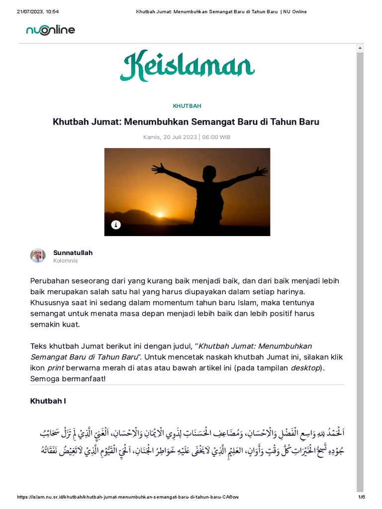 Khutbah Jumat - Menumbuhkan Semangat Baru Di Tahun Baru - NU Online | PDF