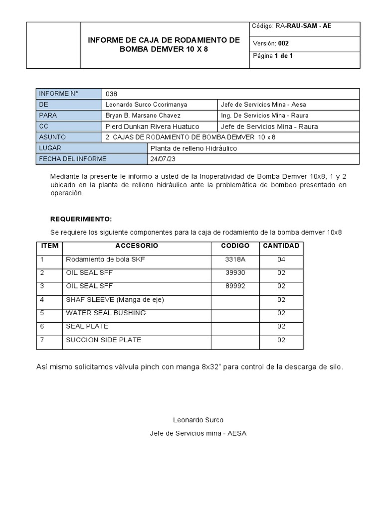 Inf - 004 Informe de Caja de Rodamiento RH | PDF